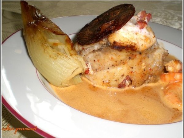 Recette de lotte au chorizo, coulis de crevettes et fenouil
