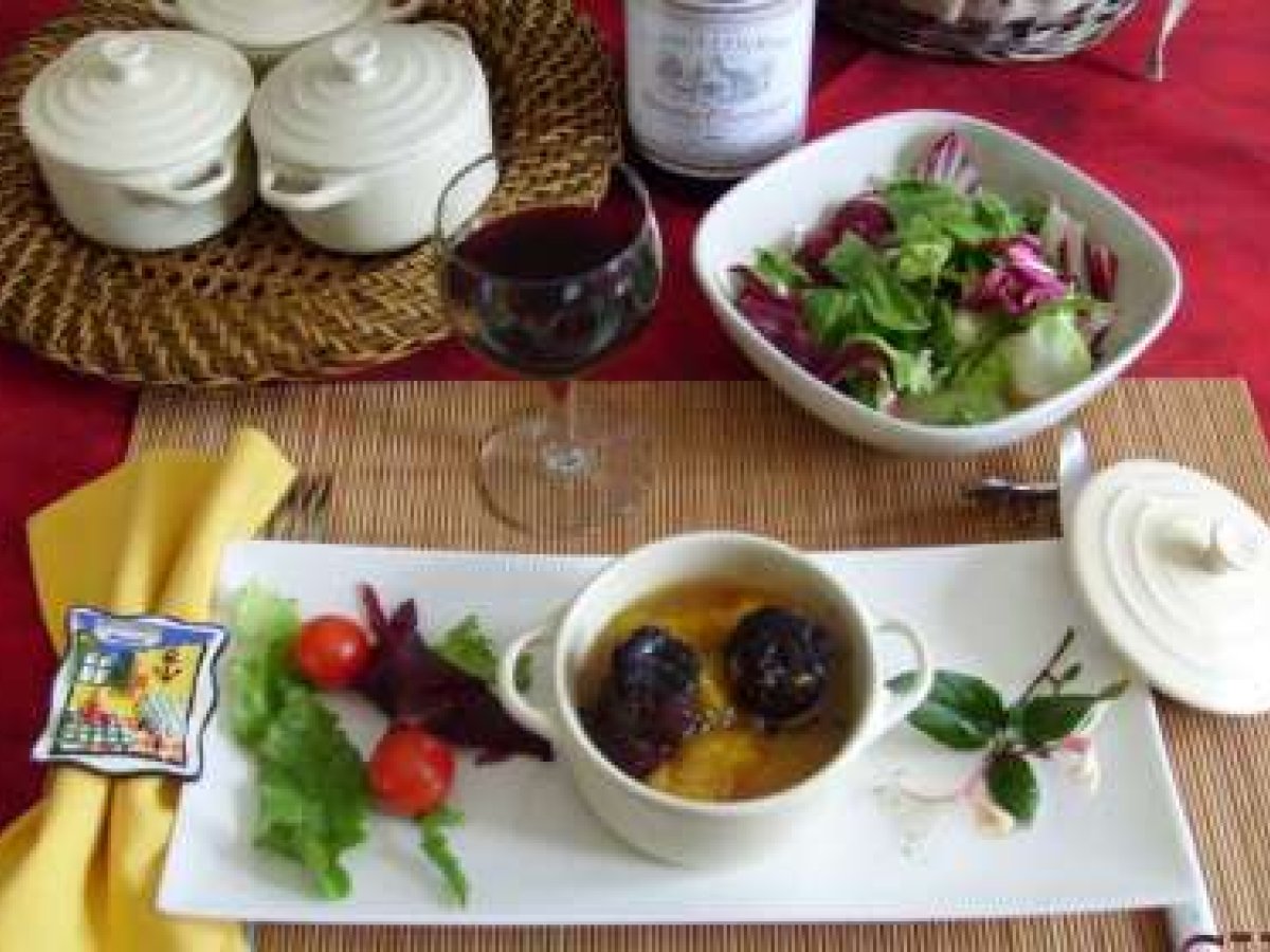 Mini- cocottes de boudin noir et melon miellé, sur lit de patate ...