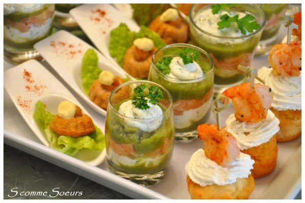 Recette mini verrine bayadère truite/pois/fromage frais