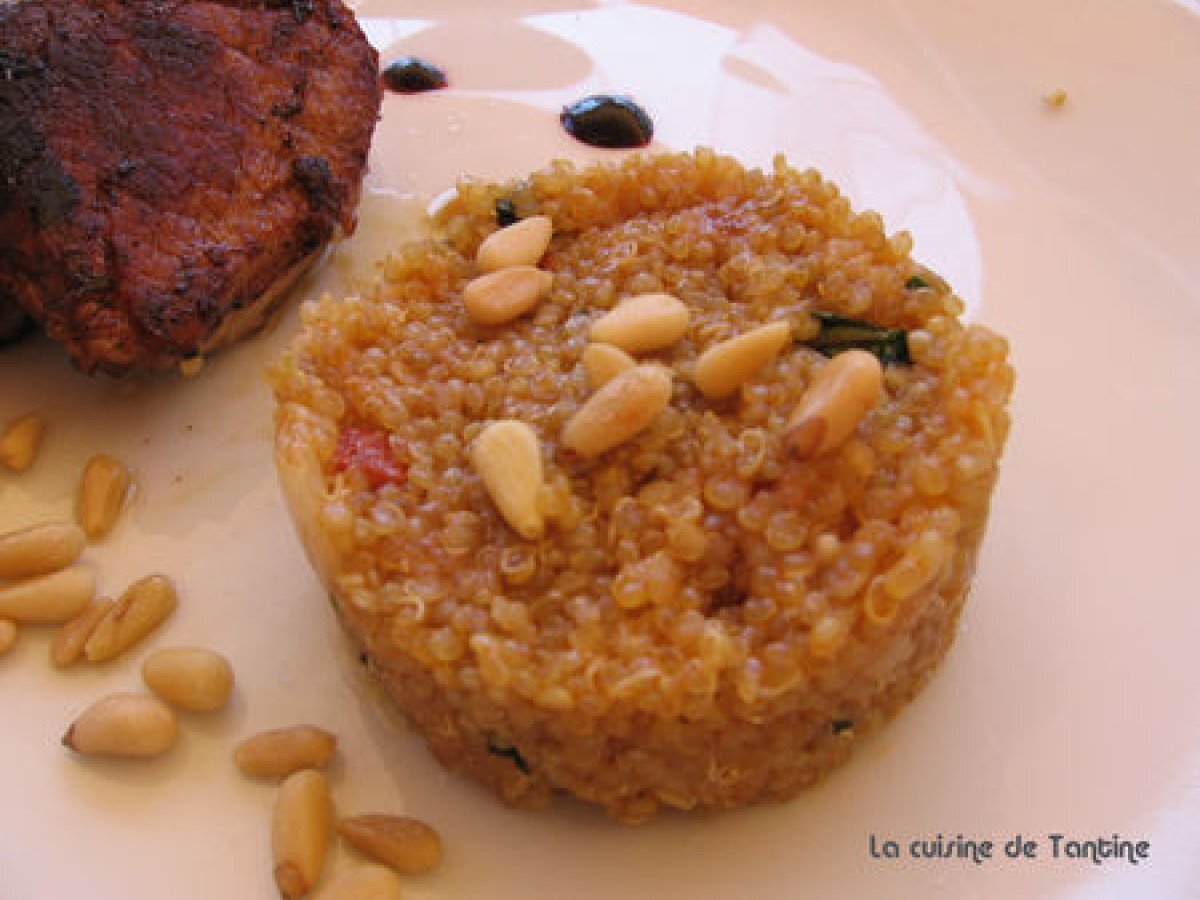 Recette veau grillé, pignons, quinoa chorizo et basilic