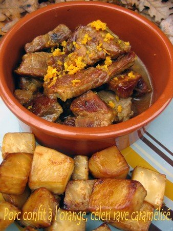 Porc confit a l'orange, celeri-rave caramelise au sirop d'erable ...