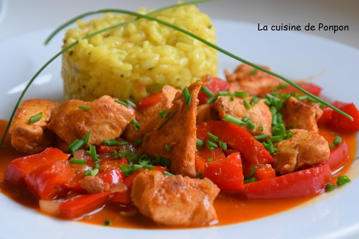 Recette de poulet au poivron rouge et risotto légumes
