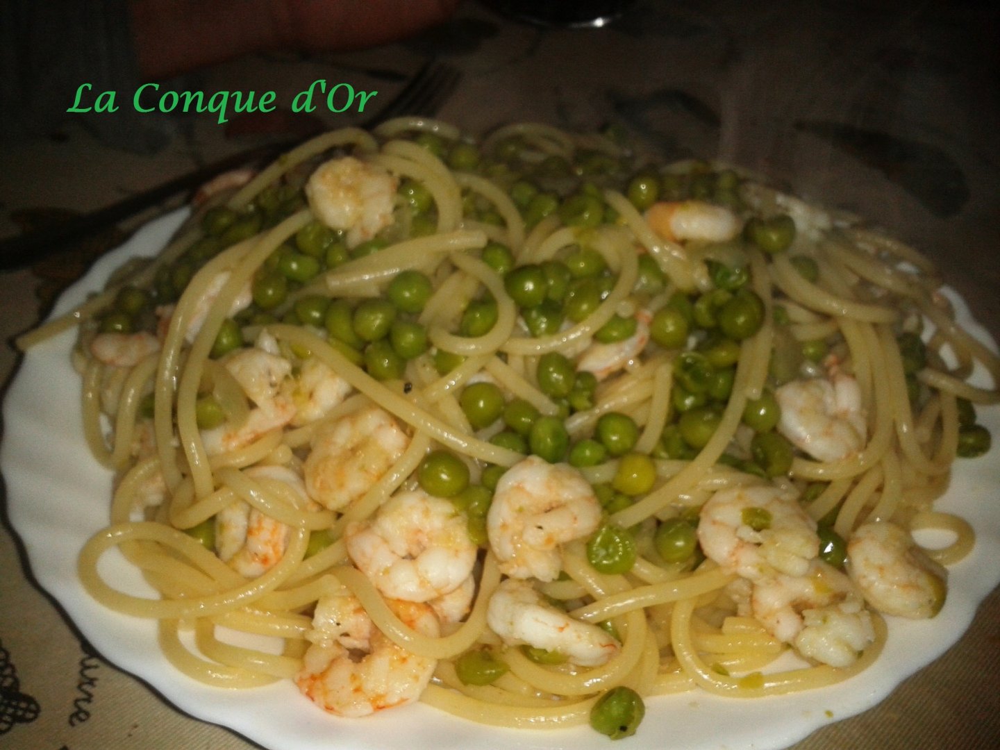Recette de spaghetti aux crevettes et petits-pois
