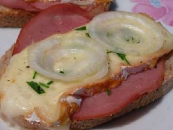 Recette de tartine chaude au saint-albray, bacon et oignons