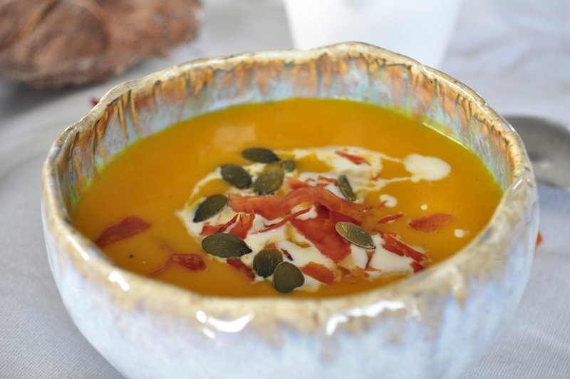 Recette velouté citrouille, comté & jambon de pays