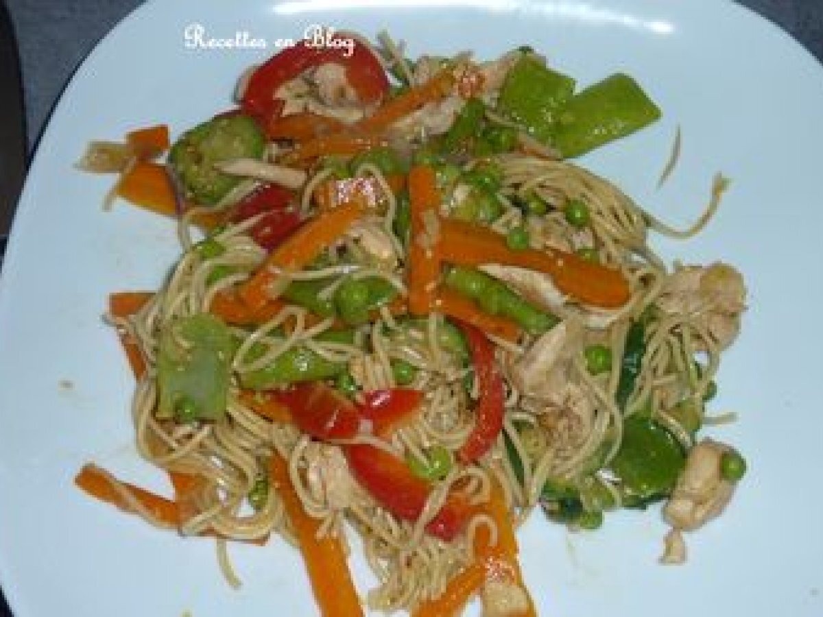 Wok de poulet aux nouilles, gingembre et aux 6 legumes - Recette Ptitchef